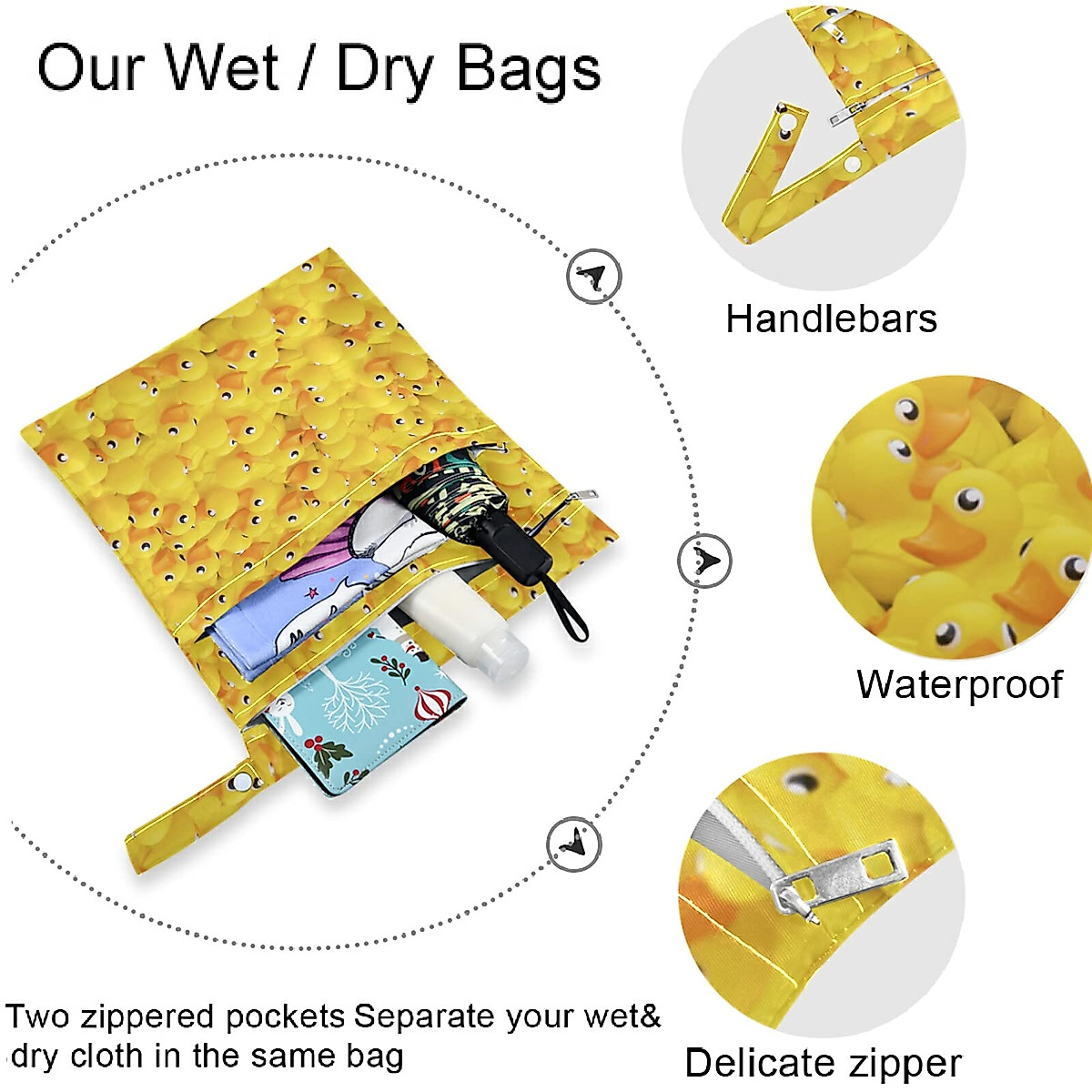 visesunny Yellow Duck Toy 2Pcs Wet Bag with Zippered Pockets Washable Reusable Roomy Diaper Bag for Travel,Beach,Daycare,Stroller,Diapers,Dirty Gym Clothes,Wet Swimsuits,Toiletries