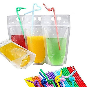 BESOKUSE Drink Pouches for Adults,Drink Pouches with Straws,Stand-Up Juice Pouches Clear Reusable Smoothie Pouch Bag(50PCS)