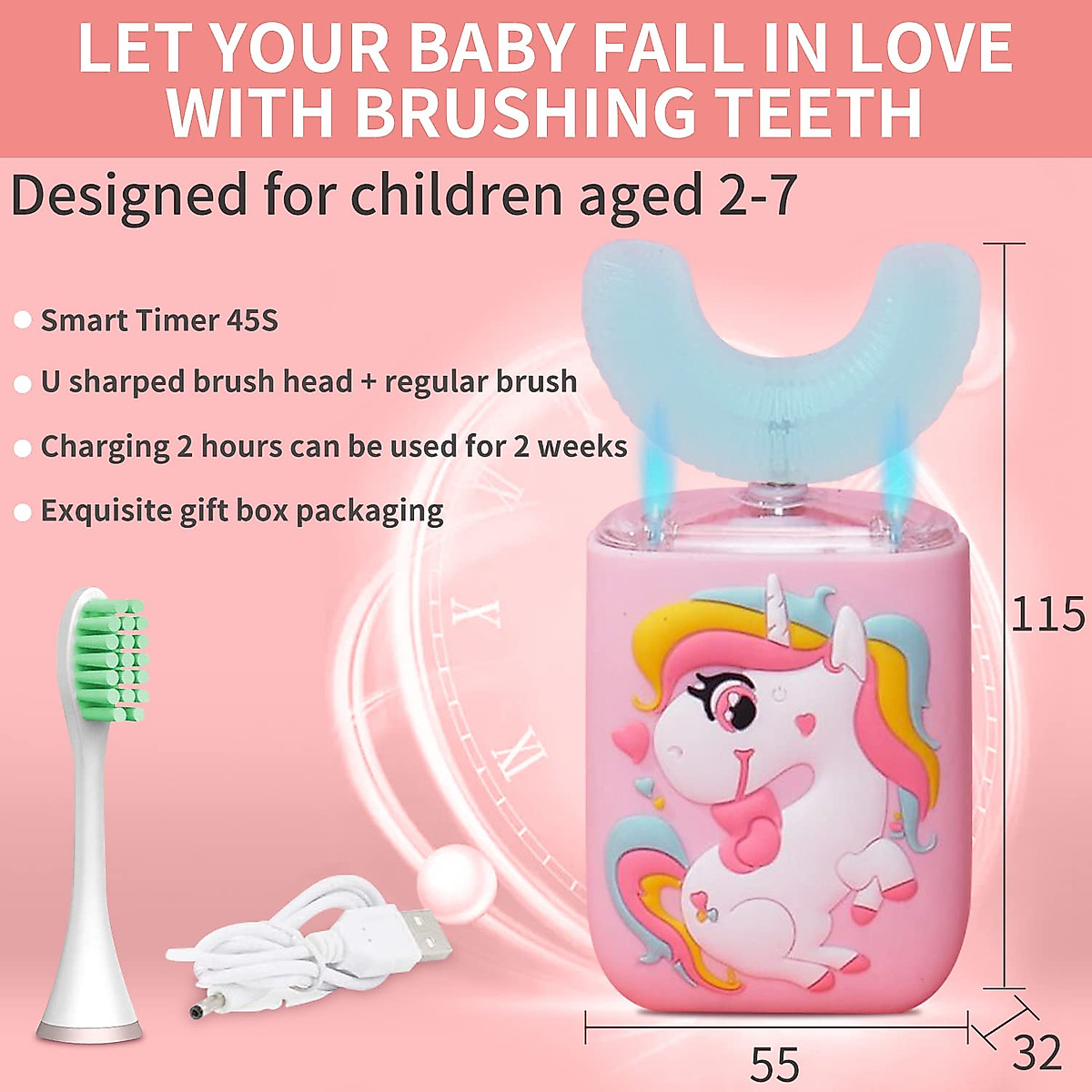 RZM Kids Automatic Sonic Toothbrush- 2 Ergonomic U-Shaped Toothbrush and 1 Regular Brush Head, Six Modes for 360° Sensitive Oral Tooth Cleaning(Pink Unicorn)