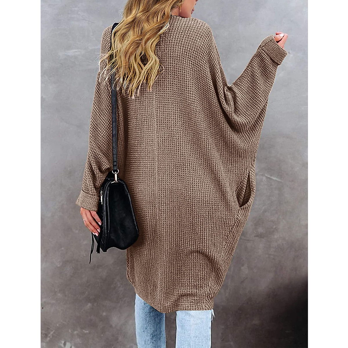 MEROKEETY Women's 2024 Fall Waffle Knit Batwing Long Sleeve Cardigan Loose Open Front Sweater Coat, Brown, XX-Large
