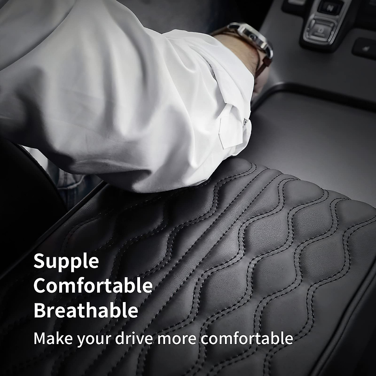 FANRUIQI Car Center Console Heighten Cover, Leather Memory Foam Car Armrest Booster Pads, Leather Car Armrest Cover Protector, Suitable for Most Vehicles, SUVs, Trucks, Cars (Black)