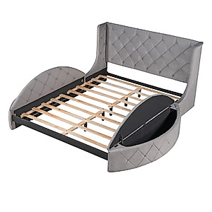 BOVZA Queen Size Platform Bed Frame, Velvet Upholstered Bed with Wingback Headboard and and 1 Big Drawer, 2 Side Storage Stool, No Box Spring Needed, Gray