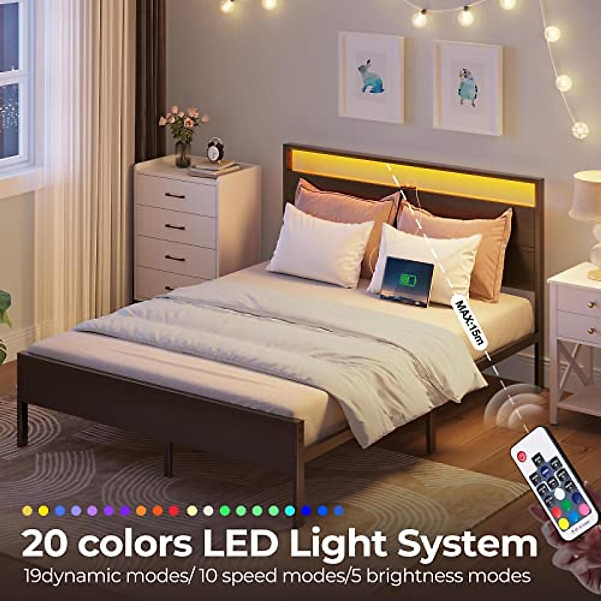 Rolanstar Bed Frame with Charging Station, Queen Bed Frame with LED Lights Headboard, Metal Platform, Strong Metal Slats Support, 10.2” Under Bed Storage Clearance, No Box Spring Needed, Noise Free