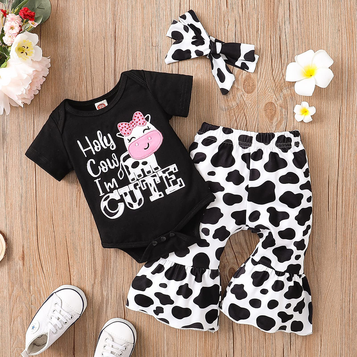 GRNSHTS Newborn Girl Clothes Baby Cow Letter Print Romper+Flared Long Pants+Headband 3PCS Cute Summer Fall Outfits (Black A, 0-3 Months)