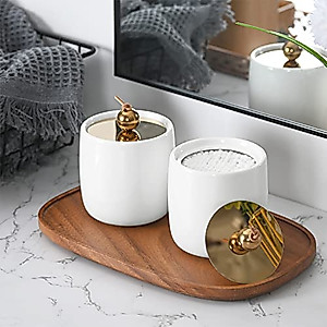 2 Pack Ceramic Qtip Holder Dispenser with Gold Lids, White Apothecary Jars Bathroom Vanity Organizer - Bathroom Canister for Cotton Swabs, Rounds, Balls, Makeup Sponges, Bath Salts