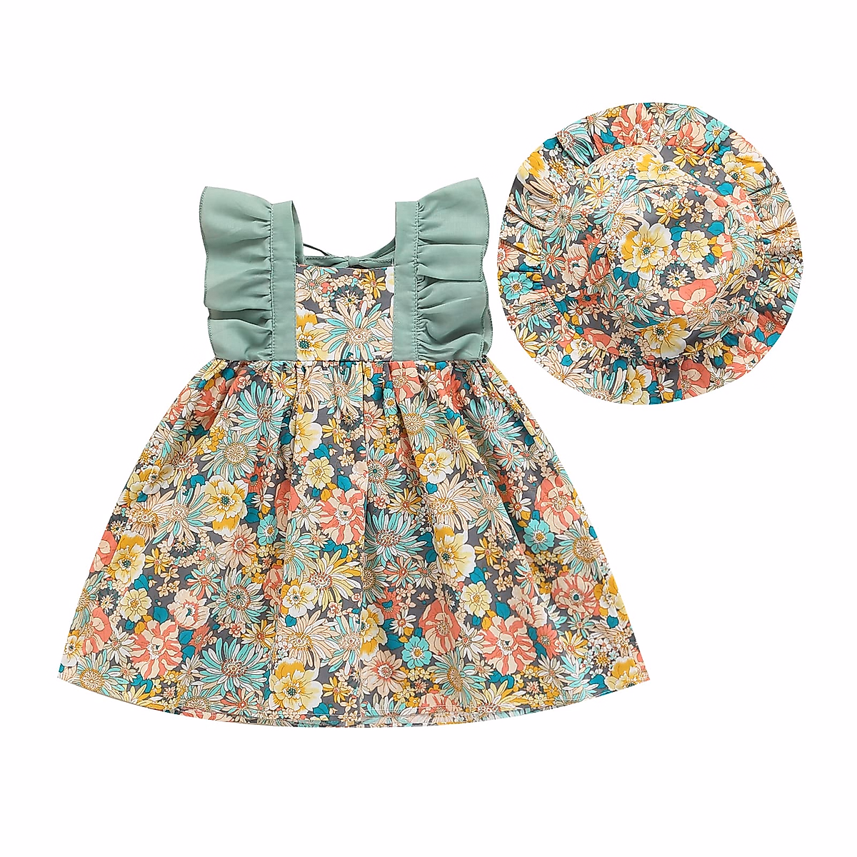 6M-3Y Summer Newborn Infant Toddler Baby Girls Dress Flower Print Ruffles A-Line Dresses + Cap Outfits (Green, 6-12 Months)