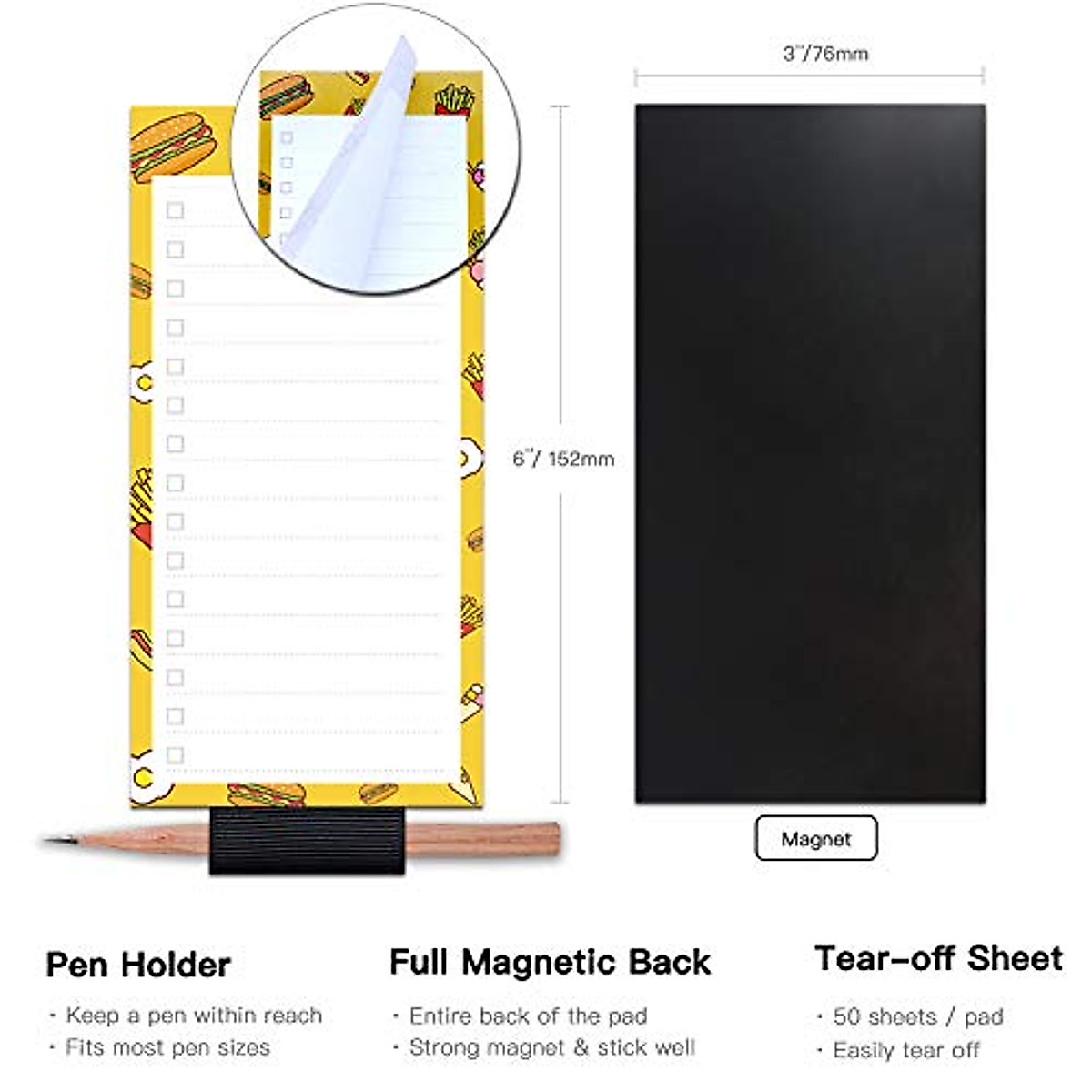 5 Pack Magnetic Notepads with Pen Holder for Fridge, Full Magnet Back Notepad, To Do List, Grocery Shopping, Fast Food Theme, 6 x 3 Inches, 50 Sheets, Memo Pad for Fridge, Locker, File Cabinet, etc