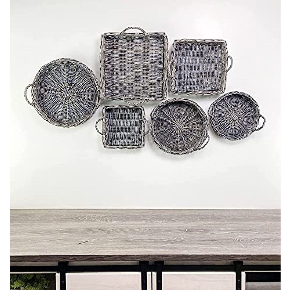 AuldHome Rustic Willow Basket Trays, Set of 3 (Square, Gray Washed); Natural Wicker Decorative Farmhouse Trays