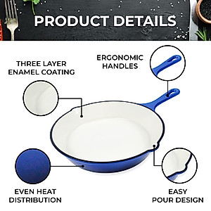 Healthy Choices 8" Small Enameled Cast Iron Pan, White Cast Iron Skillet, Blue Enameled Skillet, Eggs, Sauces, Desserts, BBQ Safe, Small Skillet For Camping, Dishwasher, Induction, Stovetop, Open Fire