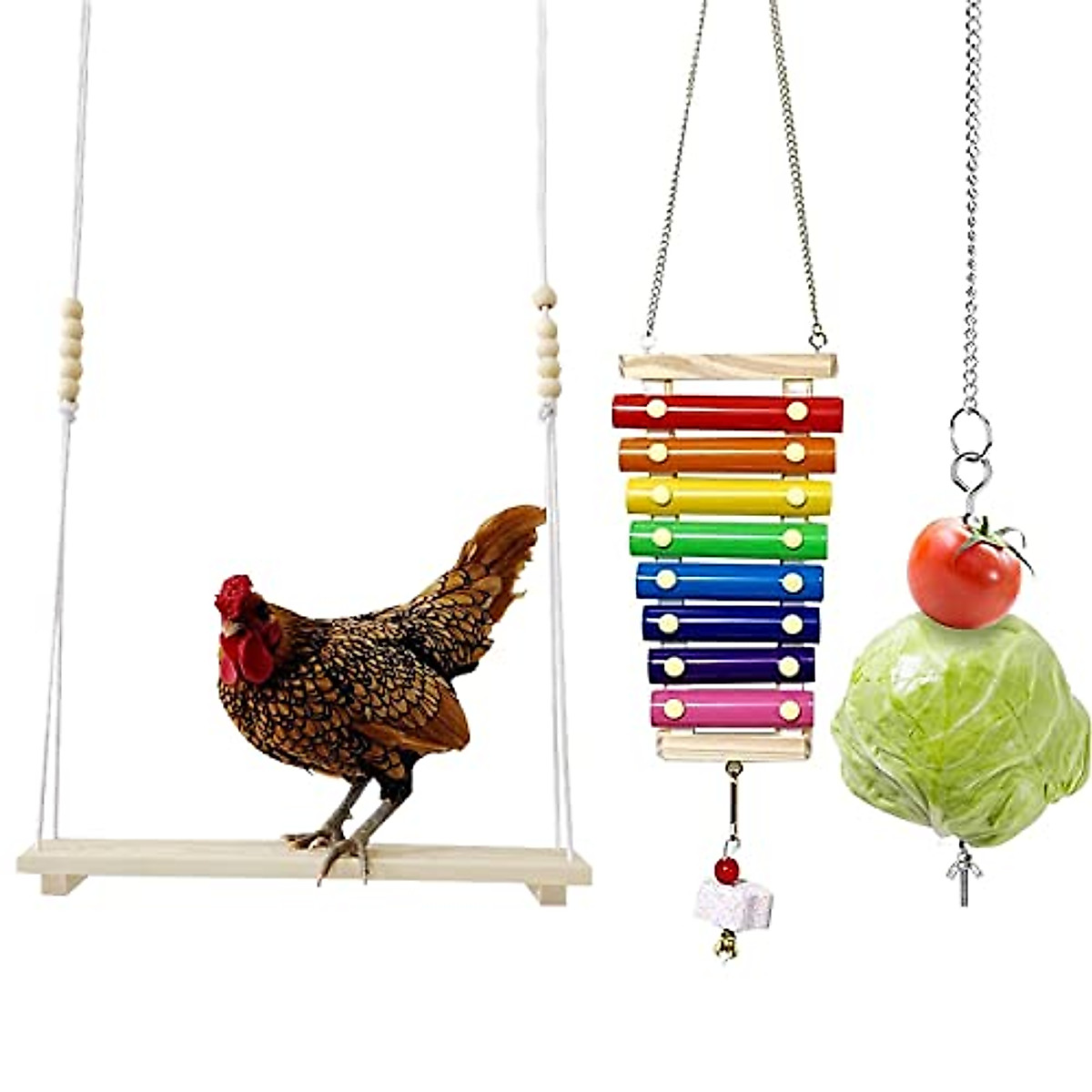 3 Packs Chicken Toys for Coop, Including Chicken Swing, Xylophone, Vegetable Hanging Feeder for Hens, for Chicken Medium Large Bird Parrot Training