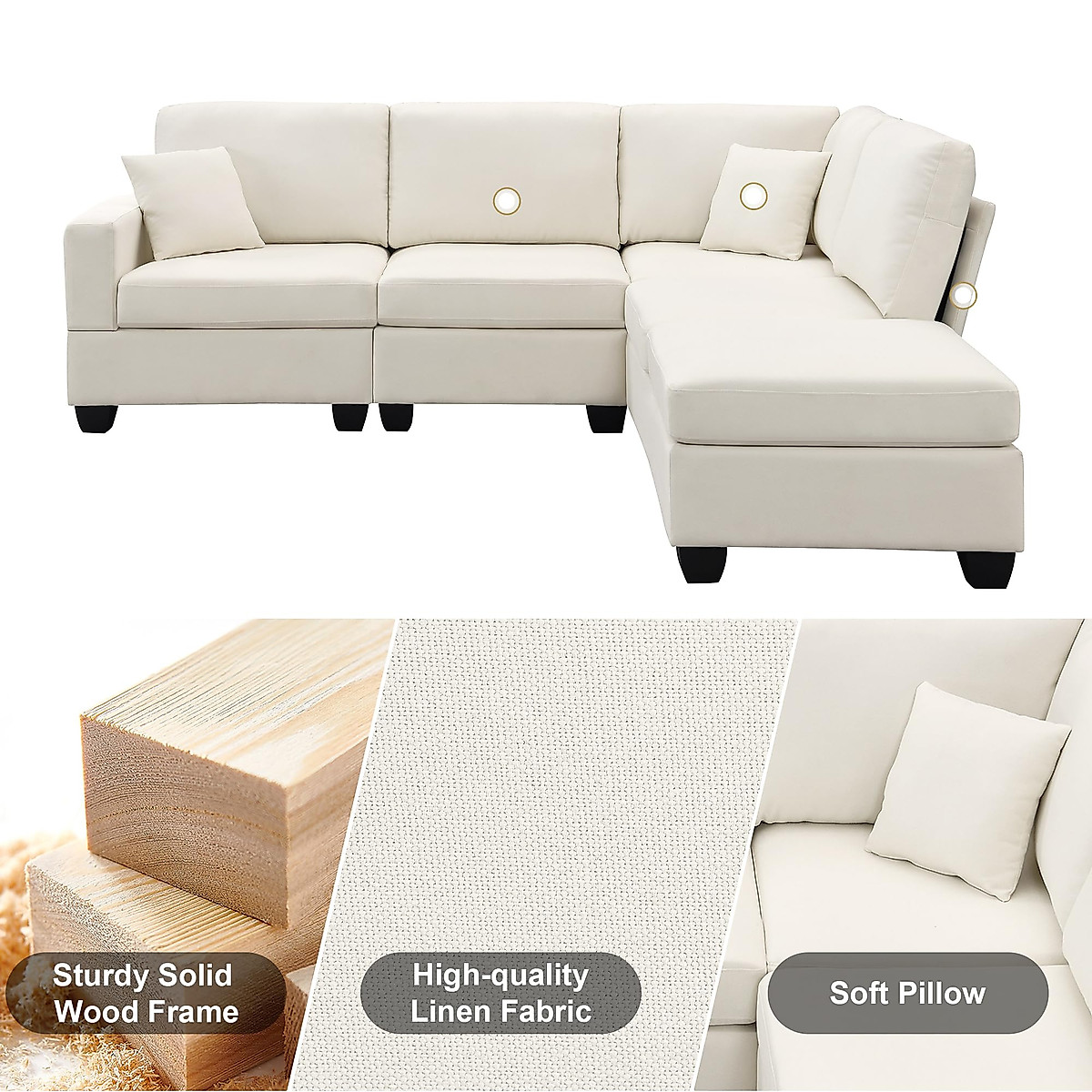 Merax Modern Sectional Sofa, 5-Seat Modular Couch Set with Convertible Ottoman, L-Shape Linen Fabric Corner Couch Set with 2 Pillows for Living Room/Apartment/Office, Beige