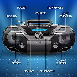 Philips Portable CD Player Boombox Bluetooth with Cassette All in one Powerful Stereo Boombox CD Player for Home with mega Bass Reflex Speakers, Radio/USB / MP3/ AUX Input with Backlight LCD Display