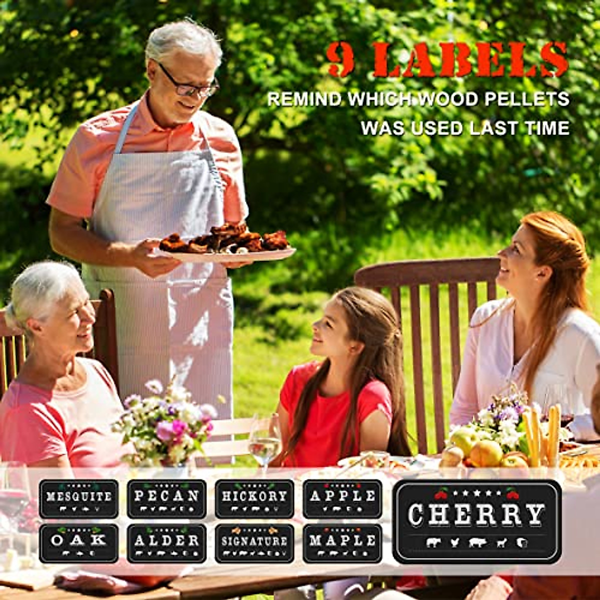 Wood Pellets for Smoker Magnet Labels-Accessories for Electric or Pellet Smoker Grill,Metal Material, Frosted Design, Perfect Match with Mmasterbuilt Electric Smoker,Gift for Men and Women,9 Pack