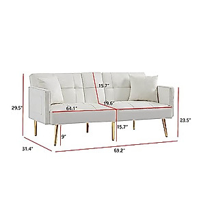 RIDFY 69” Convertible Futon Sofa Bed 2 Cup Holders, Modern Tufted Velvet Sleeper Couch with Metal Legs,Side Pocket,Folding Upholstered Loveseat,Memory Foam Living Seat Daybed,White
