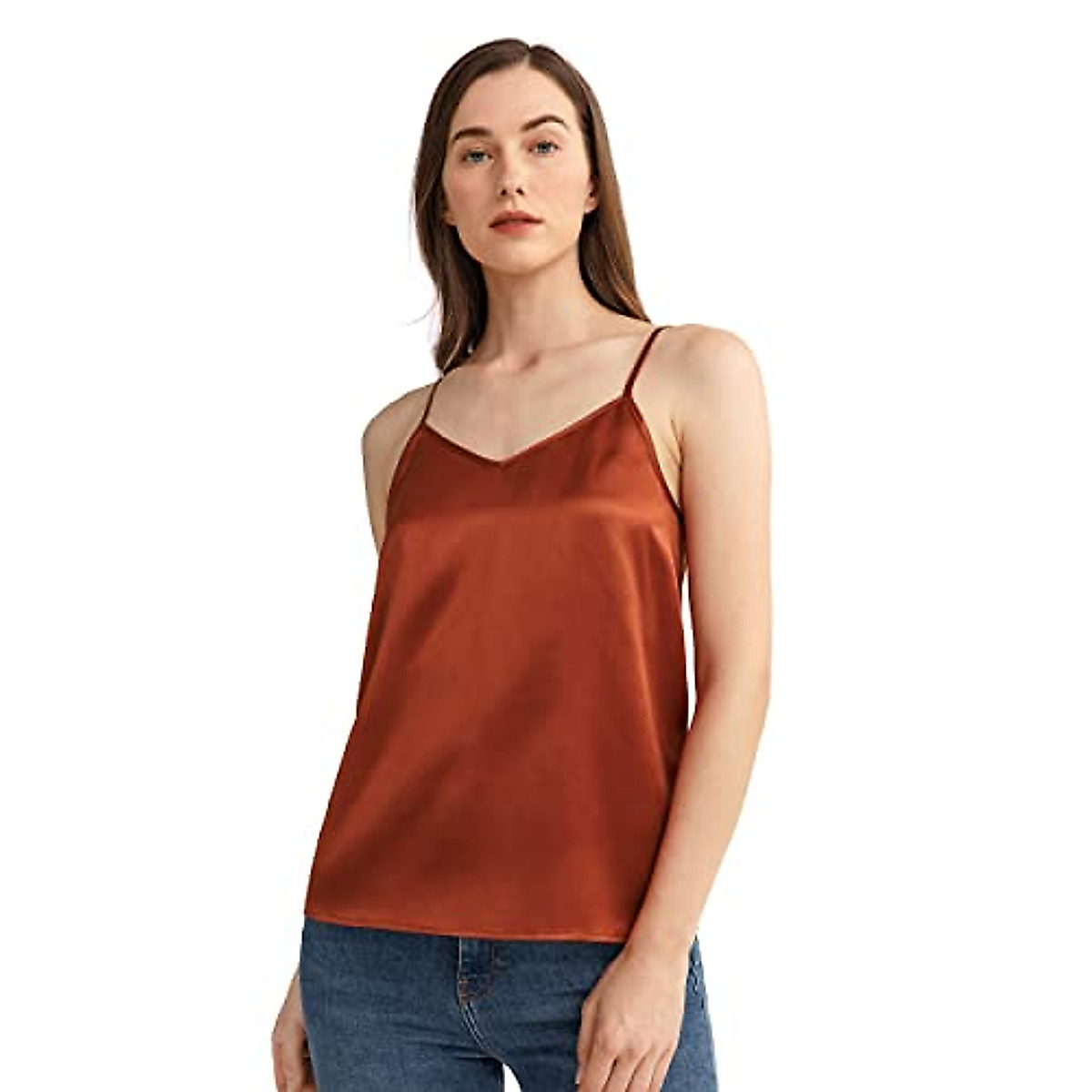 LilySilk Women's Silk Camisole 100 Mulberry 22MM V Neck Front and Back Basic Soft Tank Tops for Ladies,Red Clay XL