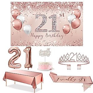 Trgowaul 21st Birthday Decorations for her, Rose Gold 21 Birthday Banner, Tablecloth, 21st Birthday Sash and Crown, 1PC 21st Cake Topper, Pink 21 Number Balloons Happy 21 Birthday Decorations Women