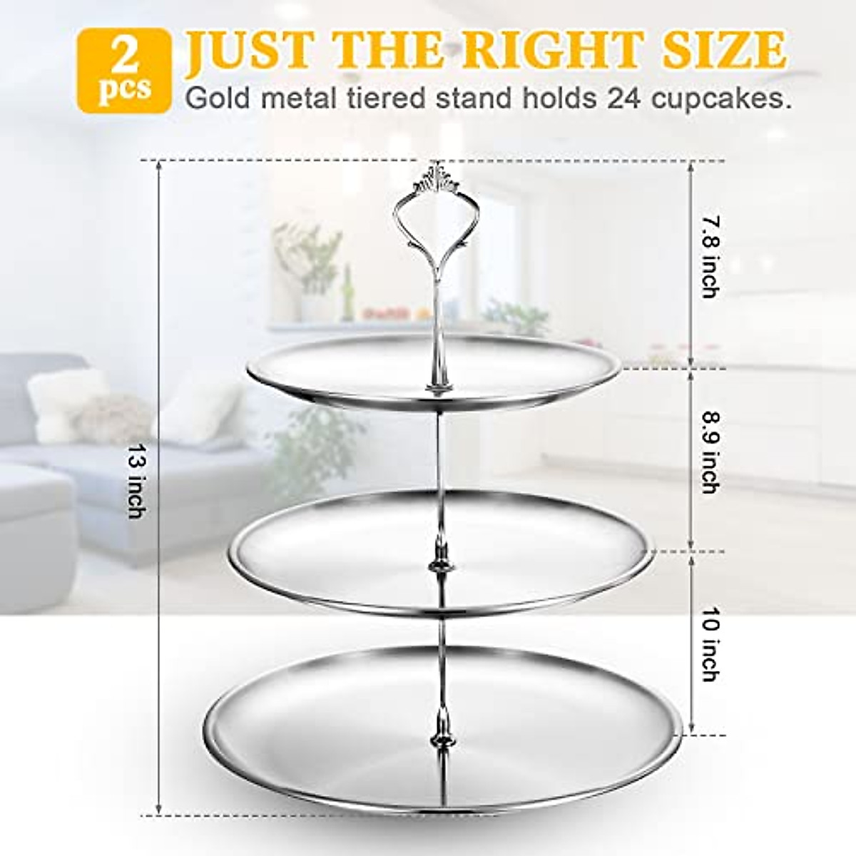 Set of 2 Cupcake Display Stands 3 Tier Serving Tray Platters Stainless Steel Cup Cake Tower for Birthday Party Wedding Cakes Dessert Cookie Candy (Silver)