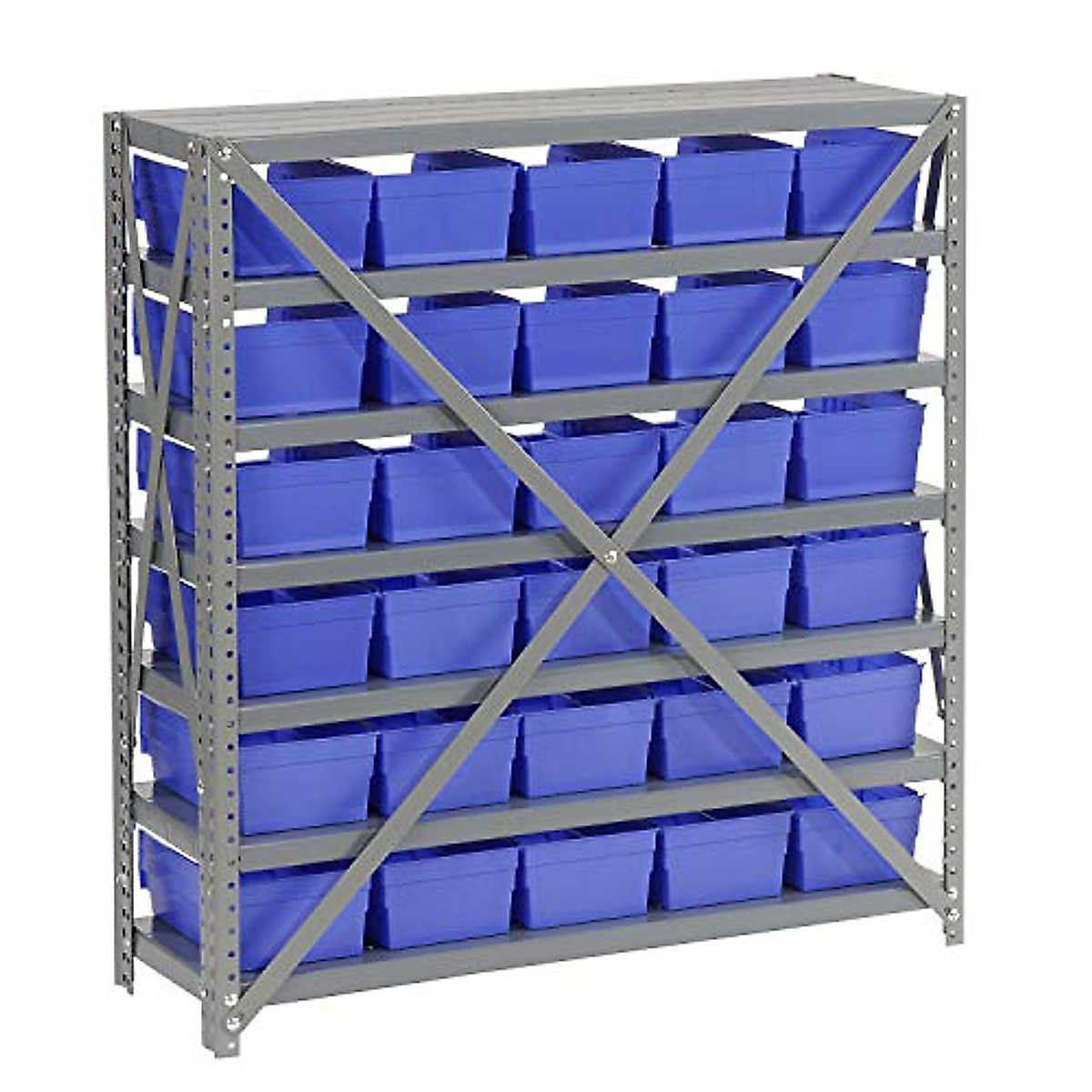 Global Industrial 7 Shelf Steel Shelving with (30) 4" H Plastic Shelf Bins, Blue, 36x12x39