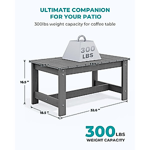 SERWALL HDPE Patio Coffee Table, Rectangle Outdoor Coffee Table, All Weather Patio Table for Deck, Pool, Balcony, Indoor or Outdoor Use, Grey