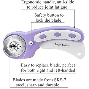45mm Rotary Cutter for Fabric, Ergonomic Handle Rolling Cutter with Safety Lock for Fabric Leather Crafting Sewing Quilting, Fabric Cutter Wheel Perfect for Left & Right Hand (Purple)