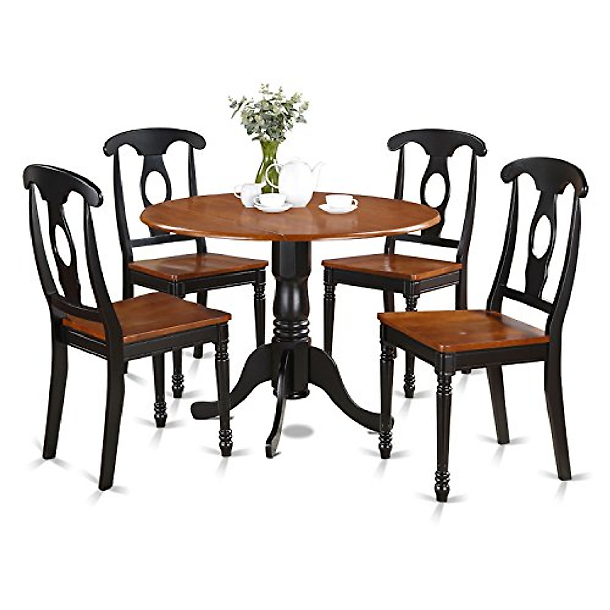 East West Furniture Dublin 5 Piece Room Furniture Set Includes a Round Dining Table with Dropleaf and 4 Wood Seat Chairs, 42x42 Inch, Black & Cherry