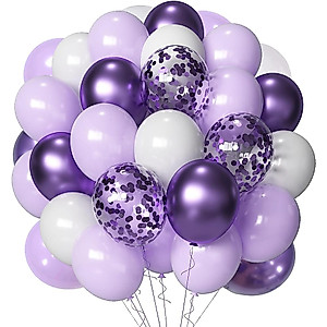 Lavender Purple Party Balloons, 70pcs 12inch Lilac Light Purple White Balloons for Garland Arch, Purple Metallic and Confetti Balloons for Birthday Baby Bridal Shower Wedding Girls Party Decorations