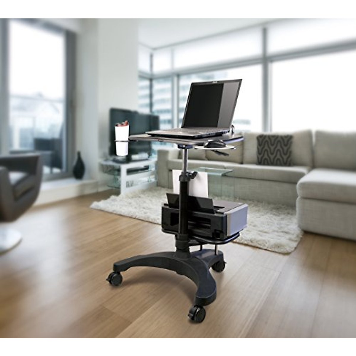 Aidata Ergonomic Sit-Stand Mobile Laptop Cart Work Station with Printer Shelf. with Built in Cup Holder and Mouse Pad. Black (Model: LPD009P)