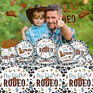 My First Rodeo Birthday Party Supplies Boy-142Pcs Western Cowboy Tableware 1st Rodeo Birthday Party Decorations Blue My First Rodeo Baby Shower Dinnerware for Boy