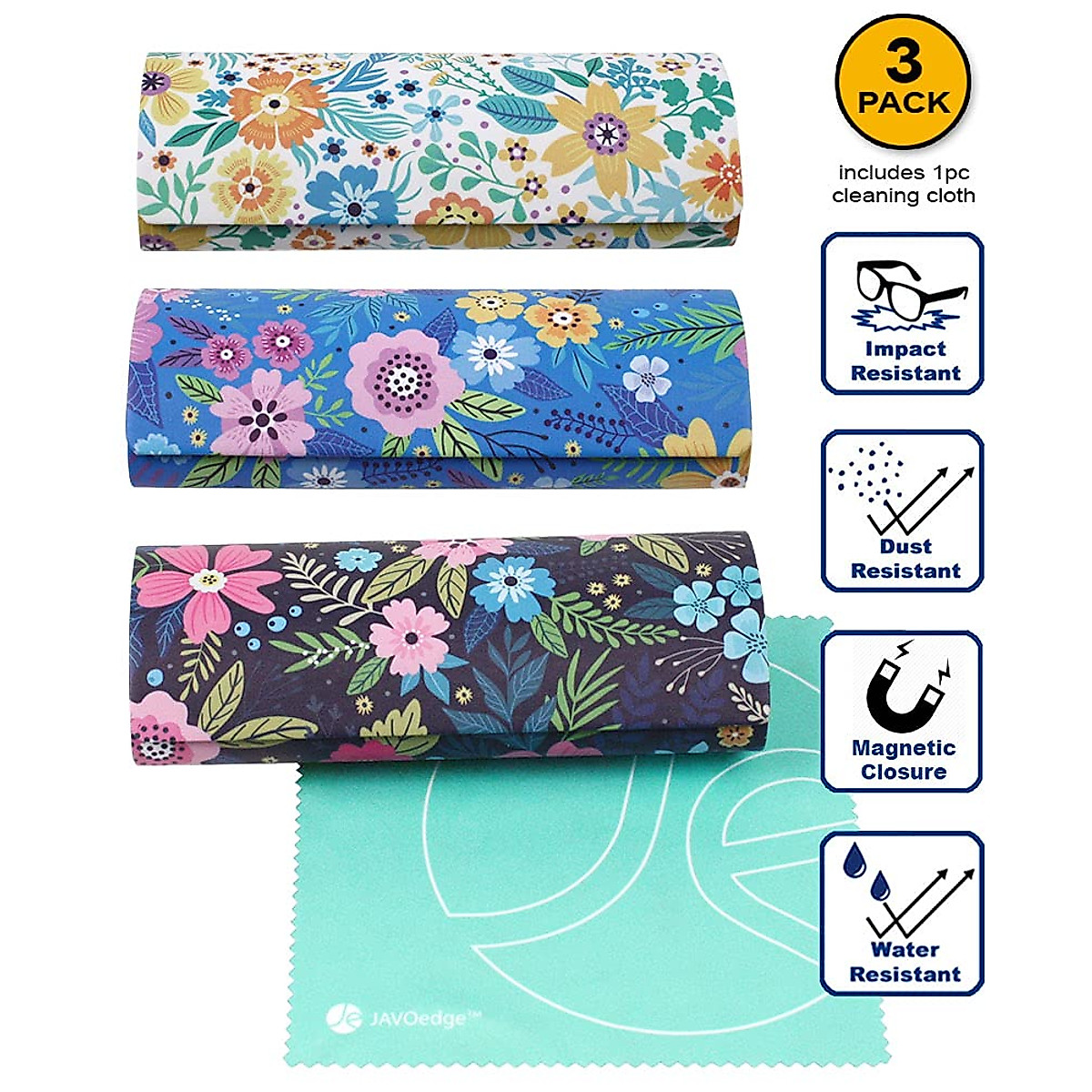 JAVOedge [3 PACK] Floral Pattern Long Oval Hard Eyeglass Case with Magnetic Enclosure - Style C