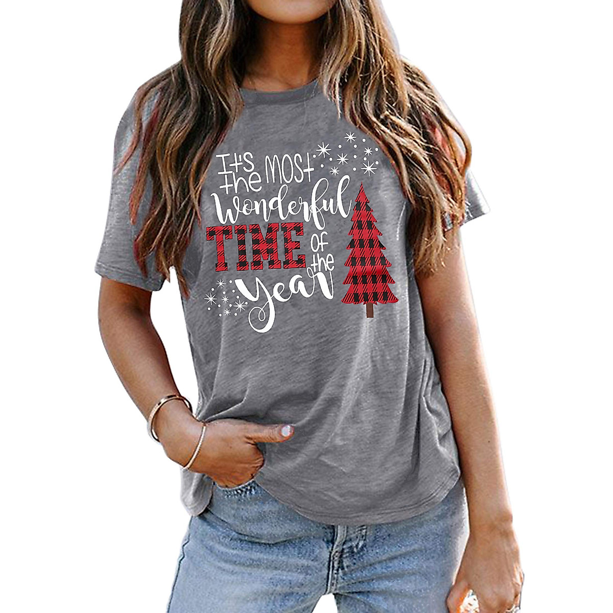 Merry Christmas Shirts for Women Xmas Buffalo Plaid Tree Shirt Top Short Sleeve Casual Graphic Print T Shirt Grey