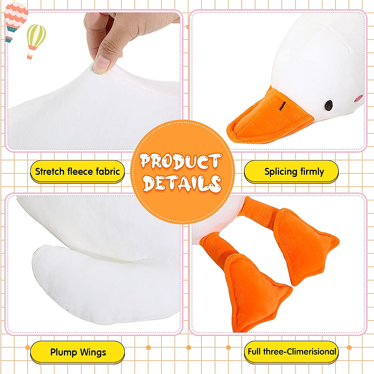 33.5 Inch Giant Duck Stuffed Animal Big Duck Plush Toy Christmas Party Favor Gift Large Soft Stuffed Duck Plushie Hugging Plush Duck Pillow Cute Animal Throw Pillows Doll for Different Ages