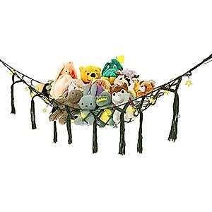 Stuffed Animal Net or Hammock Jumbo - with Warm White LED String Star Lights, Wall Hooks- Stuffed Animal Hammock - Squishmallow Net - Corner Net for Stuffed Animals for Wall - (X-Large - Army Green)