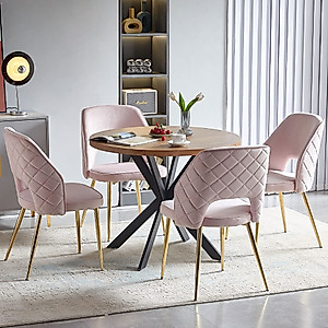 NORDICANA Modern Dining Chair Set of 4, Pink Velvet Fabric Upholstered Accent Chairs with Golden Metal Legs, Round Back Side Chairs for Kitchen Living Room Bedroom