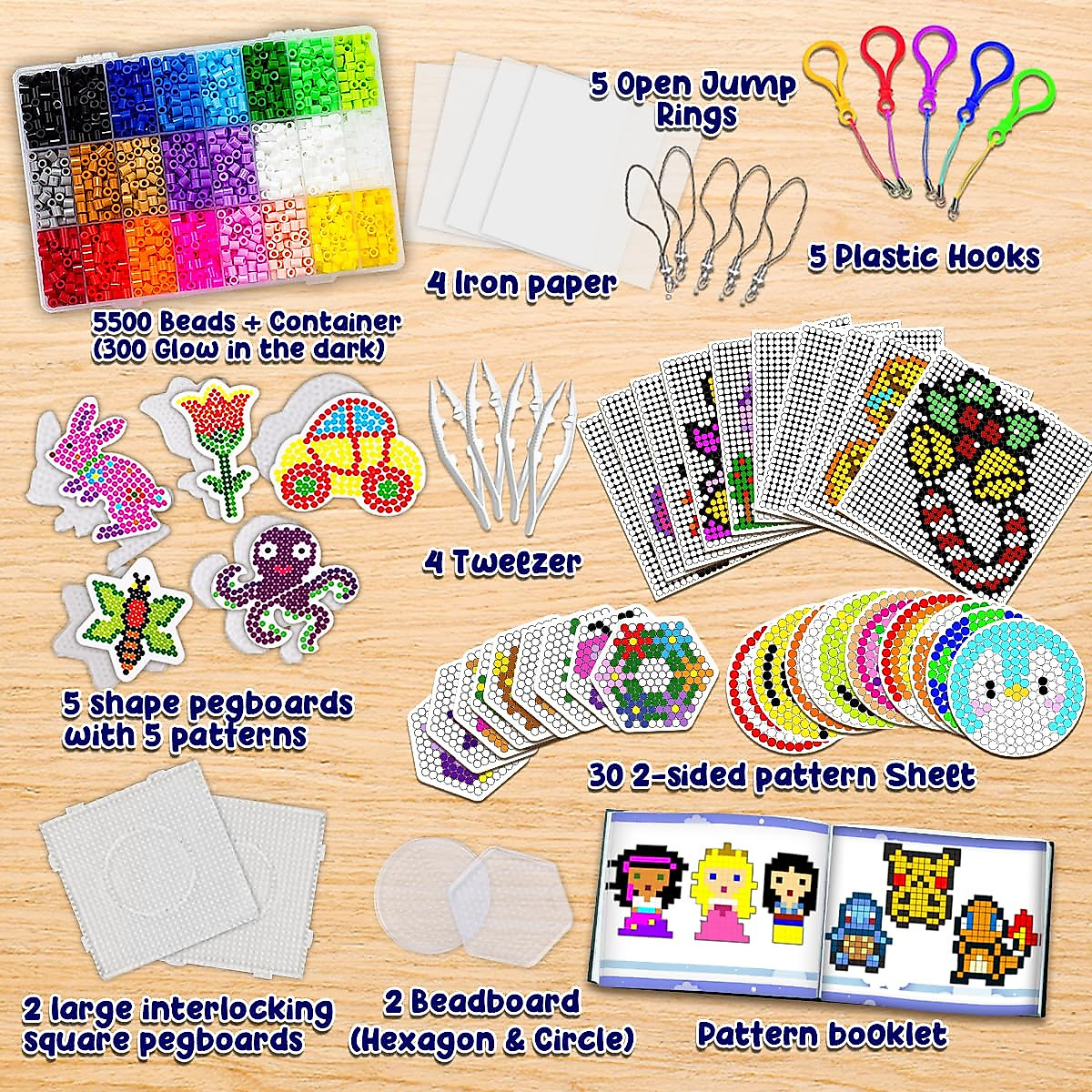 FUNZBO 5500 5mm Fuse Beads Kit -, 24 Colors | 111 Patterns, 5 Pegboards & 4 Iron Paper, Crafts for Kids Ages 4-8, Kids Toys for Boys, Arts and Crafts for Kids Ages 8-12 (Large)