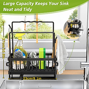 PKBD Kitchen Sink Caddy, Rustproof 304 Stainless Steel Sponge Holder for Kitchen Sink with Removable Drain Tray, Towel Holder and Brush Drainer Rack, Kitchen Organiser for Sink Tidy, Black