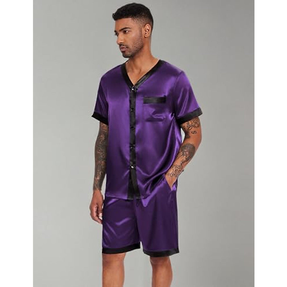 Ekouaer Silk Pajamas for Men Satin Pajama Shorts 2 Piece Button Down Pj Set V Neck Sleepwear Loungewear with Pockets S-XXL Purple