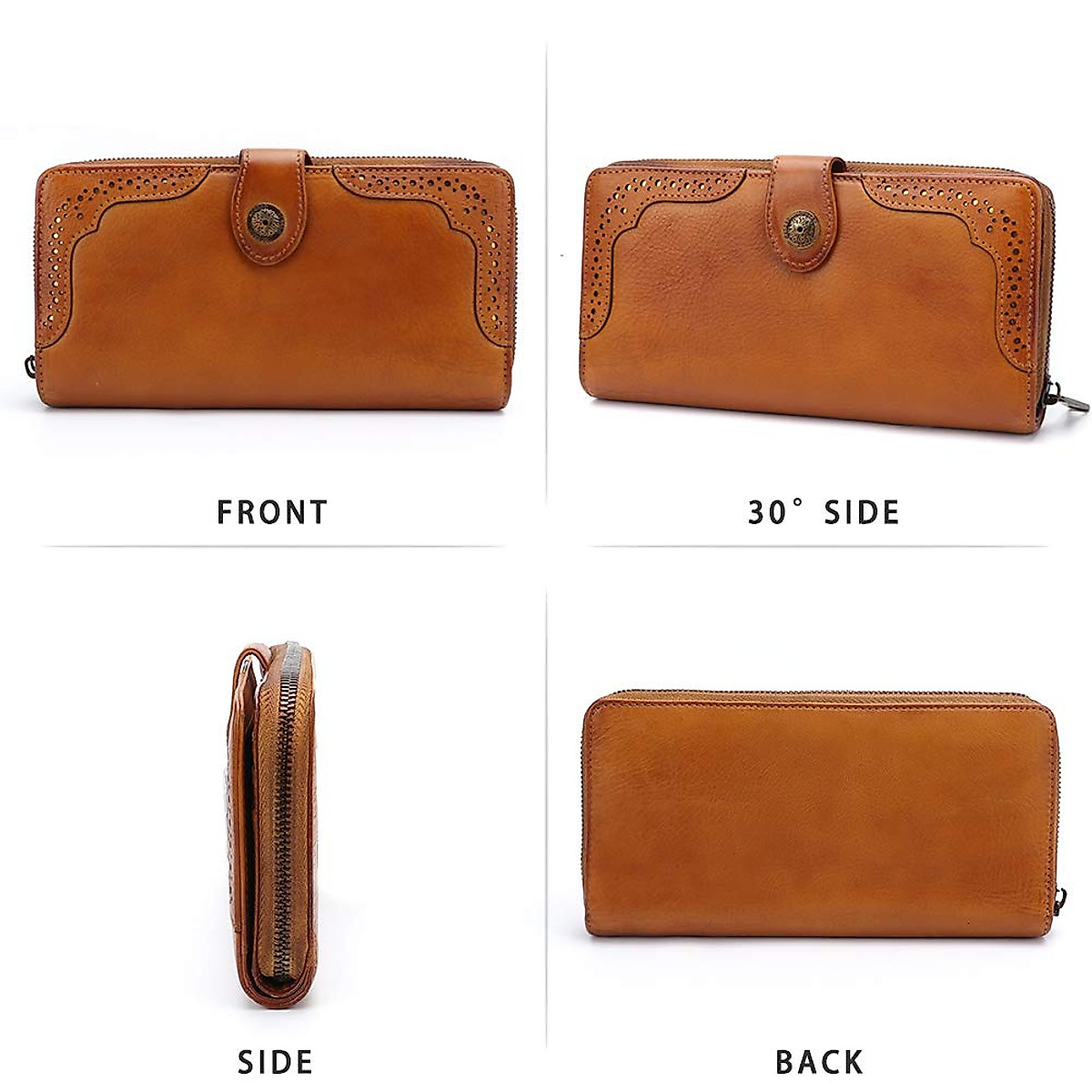 Women Wallet Genuine Leather Long Purse Zip Around Vintage Cowhide Handmade Clutch Card Holder Organizer (Brown)