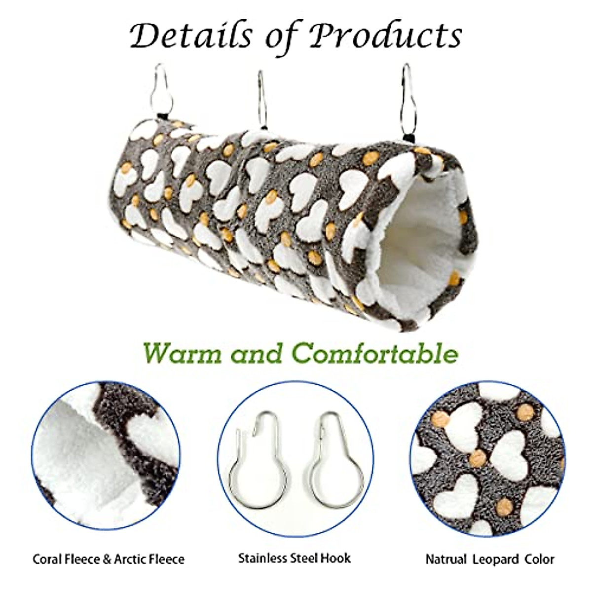 Vehomy 3Pcs Sugar Glider Hamster Hammock Hanging Tunnel and Warm Bed Soft Mat Set for Small Animals Hanging Hammock Cage Accessories Hideout Swing for Squirrel Ferret Rat Chincilla Guinea Pig