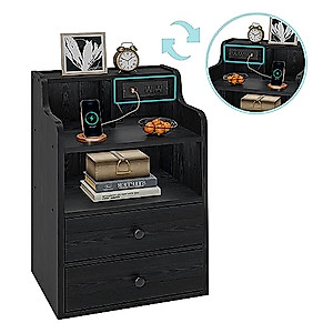 LIKIMIO Black Nightstand with LED Charging Station 2 Drawers and Storage Shelves, Left and Right Interchangeable Sockets Bed Side Table Night Stand with Drawer