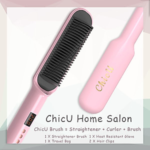 ChicU Hair Straightener Brush Ceramic Heated Styling Appliance Hot Comb for Women Plancha Cabello with Anti-Scald Auto-Off 20S Fast Heating 17 Temp Settings