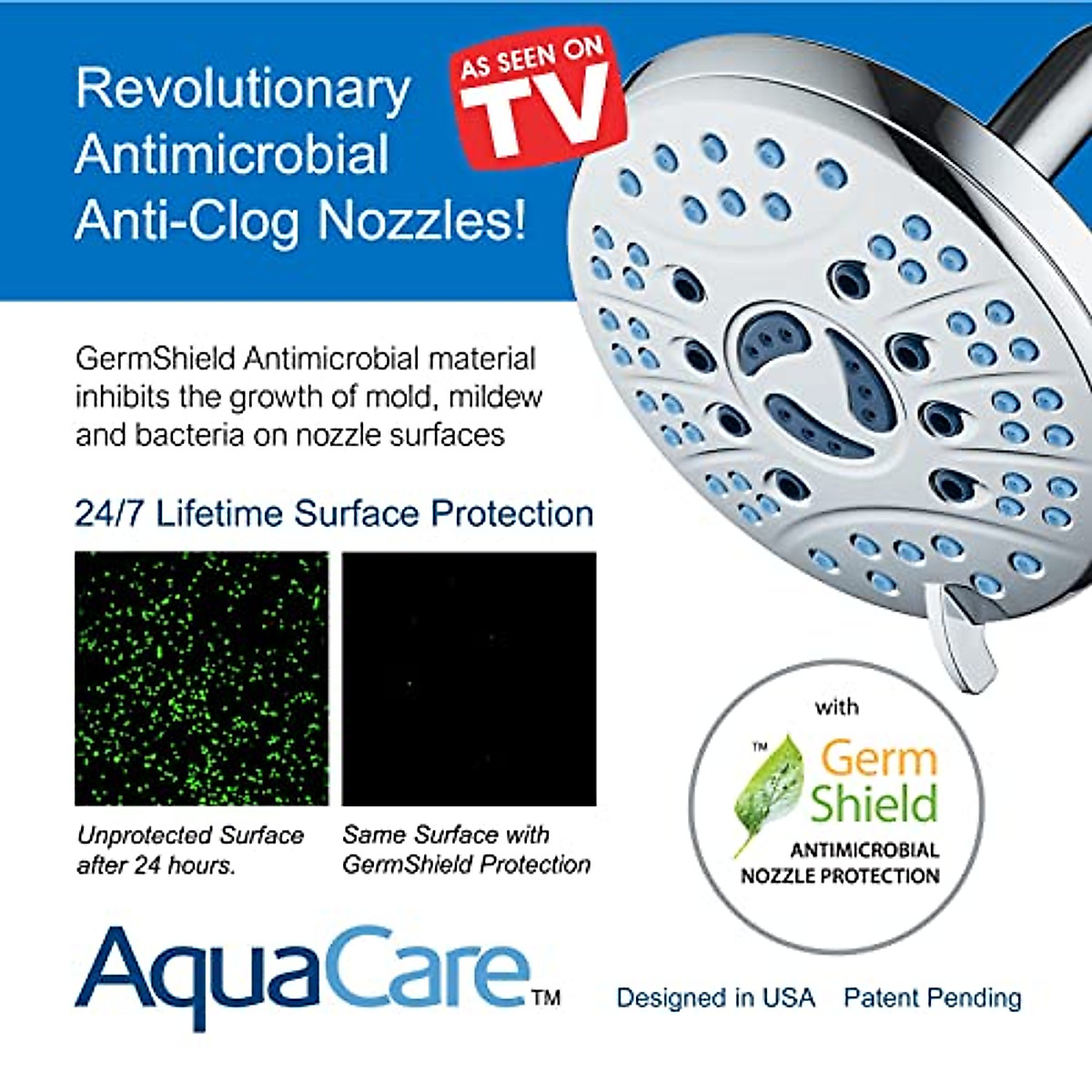 AquaCare As-Seen-On-TV High Pressure 6-setting 6 inch Rainfall Shower Head with Special Hygienic Anti-clog Nozzles for Cleaner, More Powerful Shower! Top American Brand/All Chrome Finish