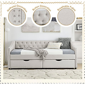 SmartDer Wood Twin Daybed, Day Bed Frame with 2 Storage Drawers, Upholstered Twin Bed Frame Sofa Couch with Button and Nailhead Design for Bedroom Guest Room, No Box Spring Needed, Beige