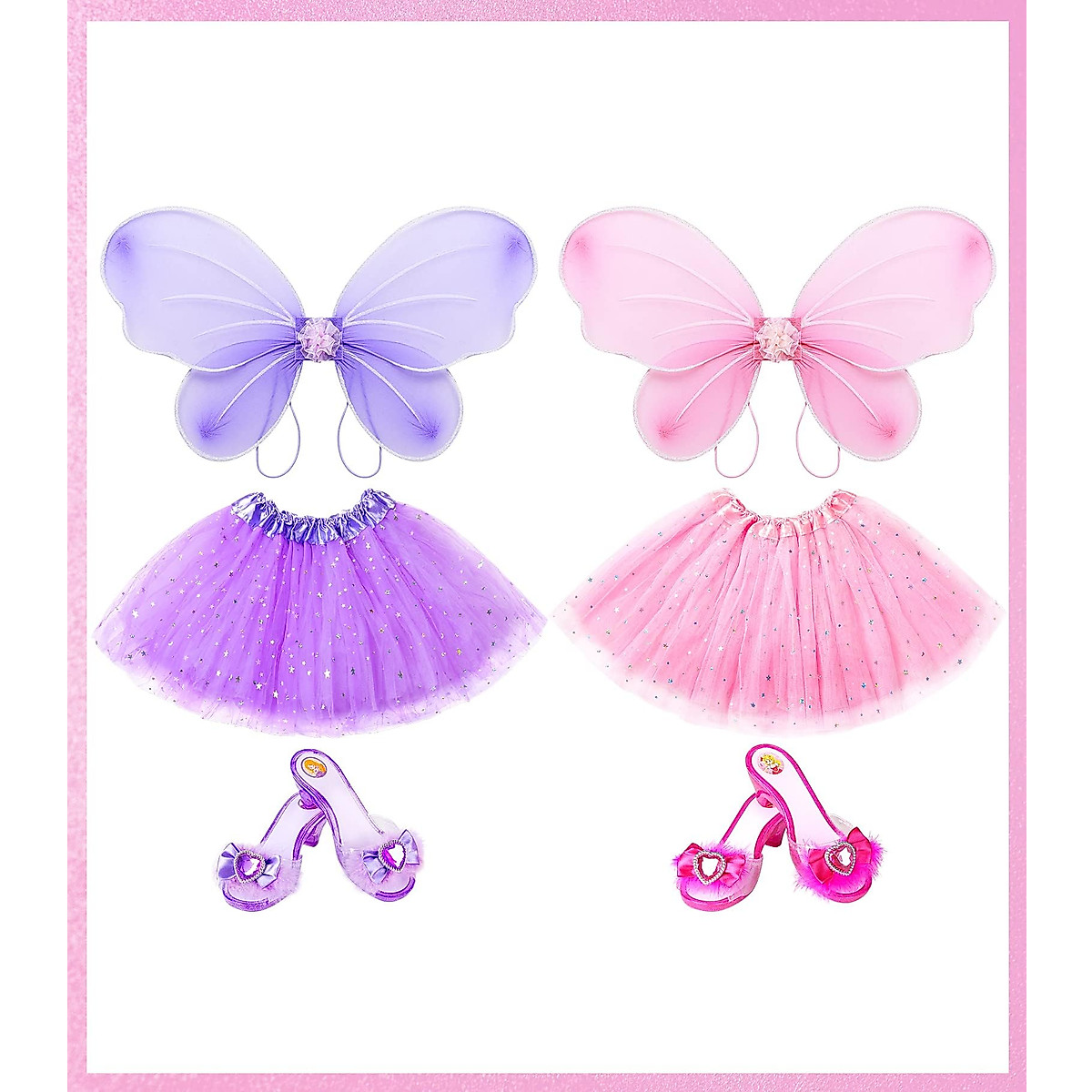 Princess Dresses for Girls Fairy Wings, BIBUTY Dress Up Clothes Pretend Play Costumes Trunk with 3 Sets of Princess Dress Up Shoes, Glitter Girls Tutu Skirts and Butterfly Wings, Toys for 3-6 yr Girls