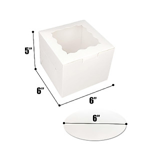 Bakepacker 36pcs 6x6x5 Inches Cake Boxes with Window 18-Packs White Cake Boxes 6 Inch Bakery Boxes (18 Cake Boxes +18 Cake Boards)