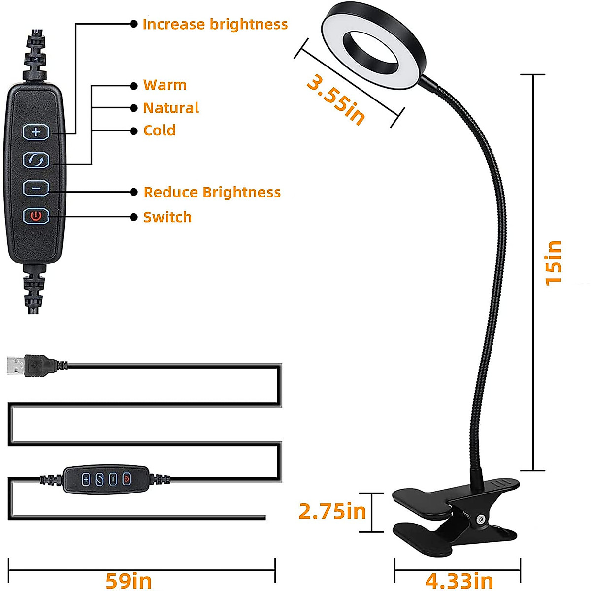 lishumei Clip on Light Reading Lights, 48 LED USB Desk Lamp with 3 Color Modes 10 Brightness, Flexible USB Clamp Bedside Lamp, Eye Caring Book Light for Studying/Working/Gaming (Black)
