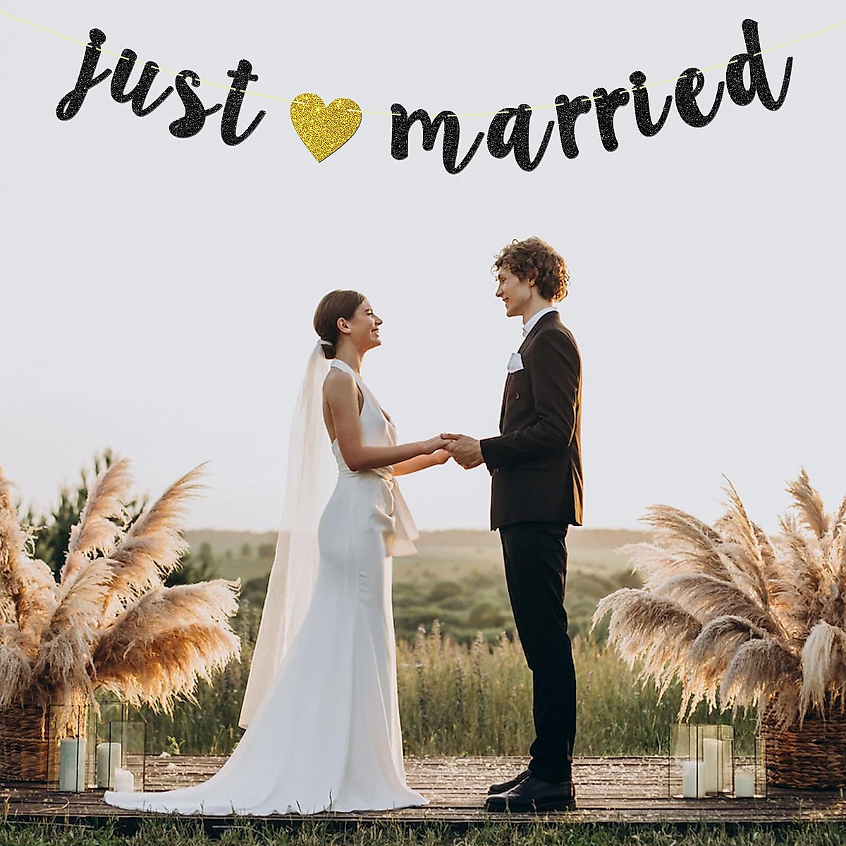 Black Glitter Just Married Banner - Just Married Sign - Wedding Banner - Bridal Shower / Bachelorette Party Decoration Supplies