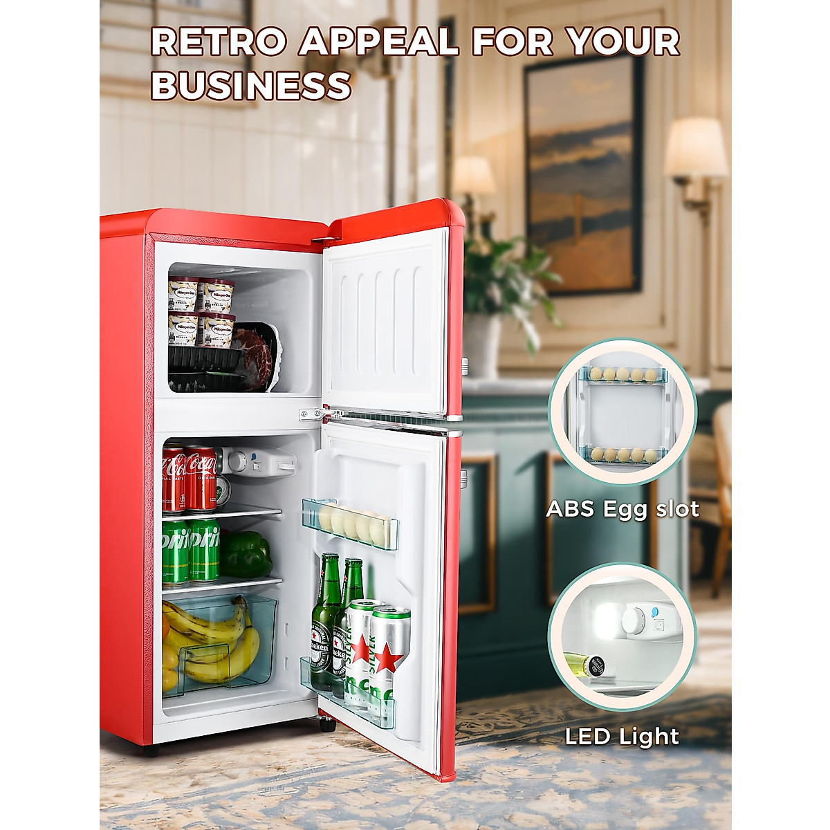 Anypro 3.2 Cu.Ft Refrigerator, Retro Double Door Fridge with Freezer, 7 Adjustable Temperature Settings, Removable Glass Shelves for Dorm, Office, Bedroom, Apartment, Red
