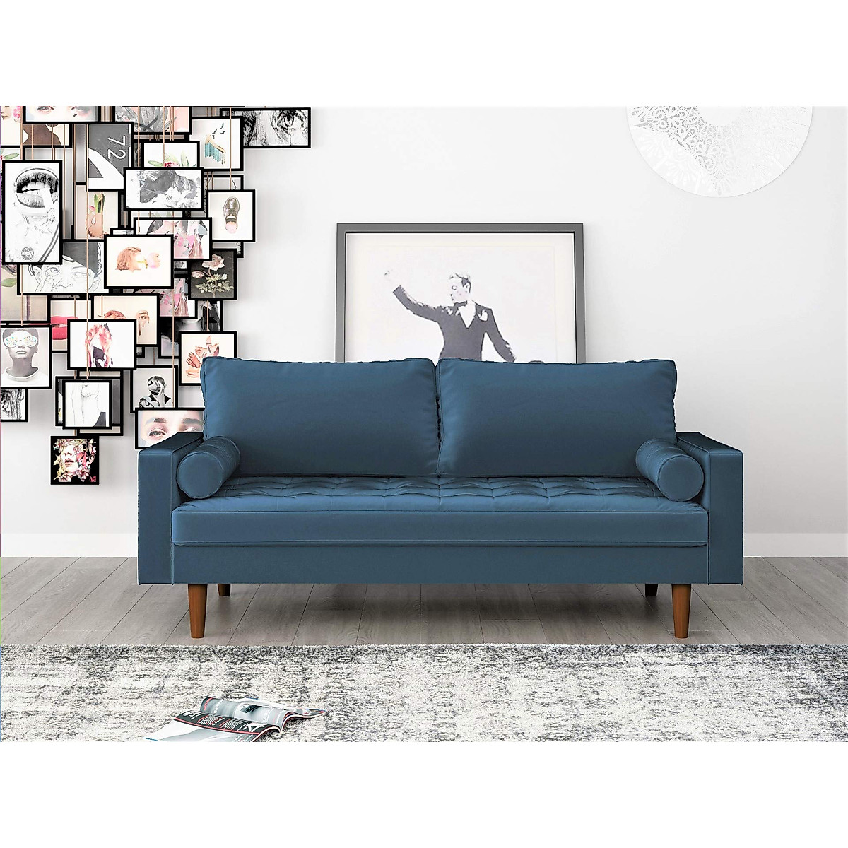 Container Furniture Direct S5456 Mid Century Modern Velvet Upholstered Tufted Living Room Sofa, 69.68", Prussian Blue