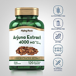 Piping Rock Arjuna Capsules | 4000 mg | 120 Count | from Arjuna Bark Herb Extract | Concentrated Extract | Herbal Supplement | Non-GMO, Gluten Free