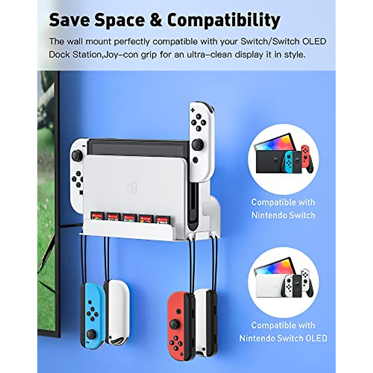 ZAONOOL Wall Mount for Nintendo Switch and Switch OLED, Metal Wall Mount Kit Shelf Stand Accessories with 5 Game Card Holders and 4 Joy Con Hanger, Safely Store Switch Console Near or Behind TV, White